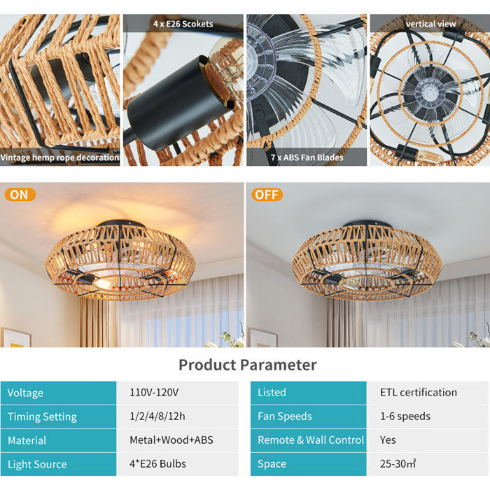 Bay Isle Home Mattawan 19.6"- 4 Light 7 Blade Caged Ceiling Fan with Remote Control and Light ...